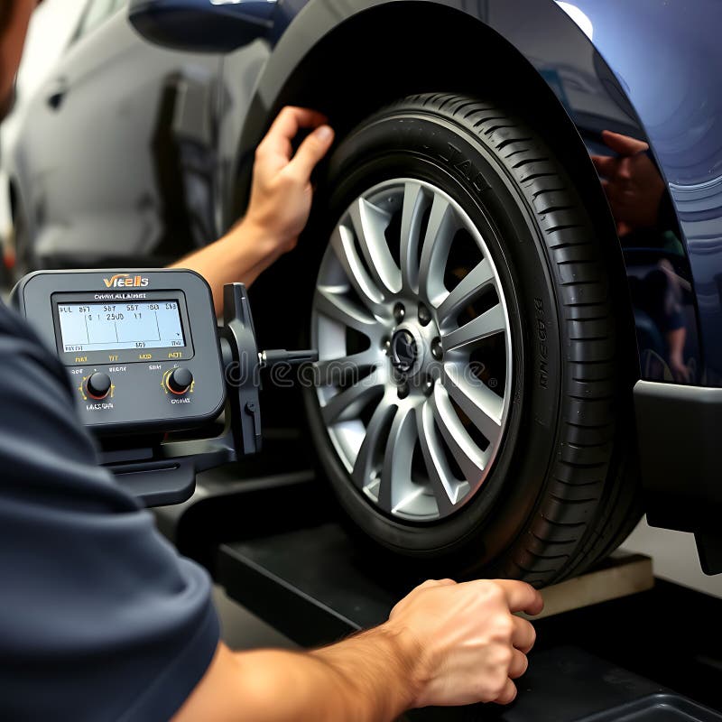 A Mechanic Adjusting a Wheel Alignment Tool on a Car with a Digital ...