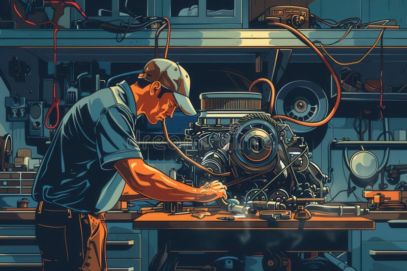 A Mechanic Analyzes Data and Works on an Engine Repair in a Well ...