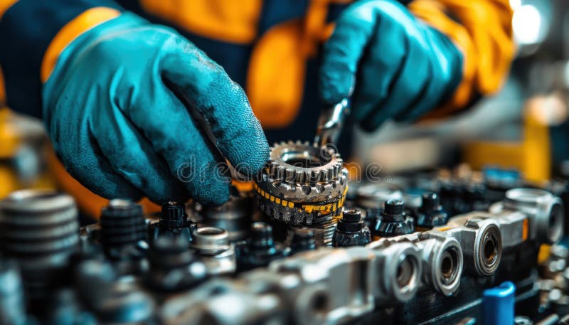 Mechanic Assembling Engine Components in Workshop during Daytime Stock ...