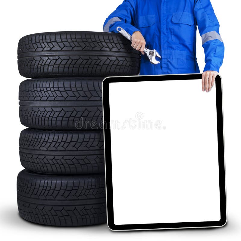 Mechanic with Billboard and Tires Stock Image - Image of empty ...