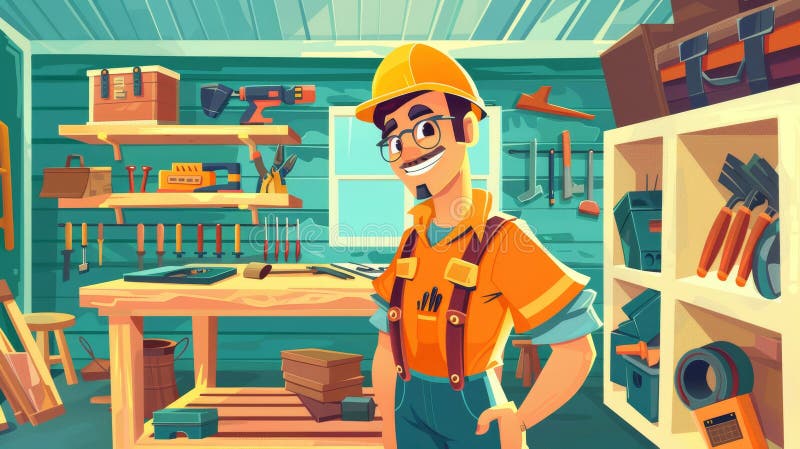 Mechanic or Builder in Workshop with Construction Tools, Table and ...