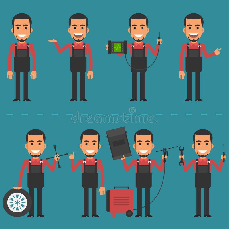 Mechanic Character in Various Poses Stock Vector - Illustration of ...