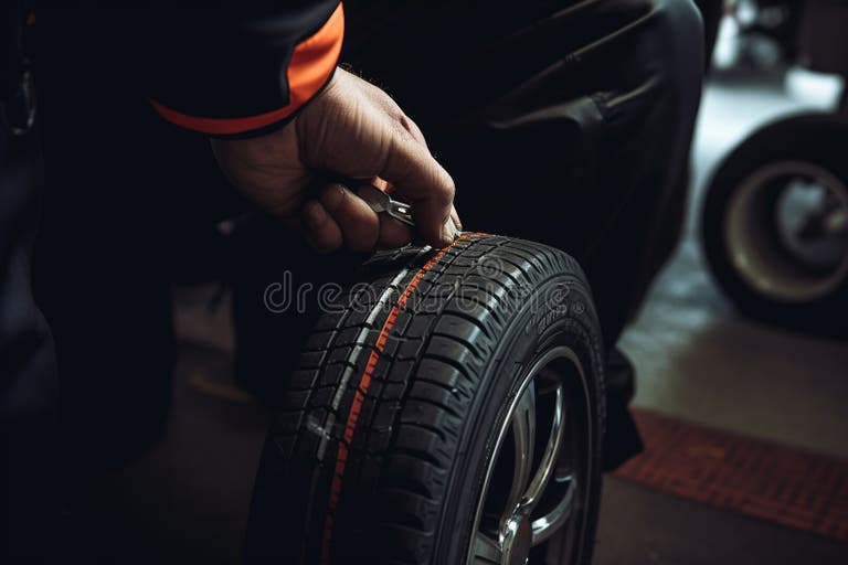 Mechanic Checking Tire Tread Depth Using a Tire Gauge. Generative AI ...