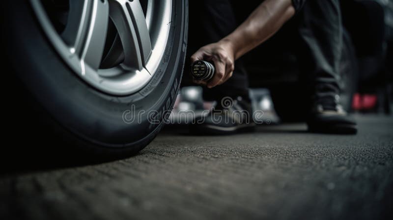 Mechanic Checking Tire Tread Depth and Wear Using a Tire Gauge, Car ... Mechanic Checking Tire Tread Depth and Wear Using a Tire Gauge, Car ...