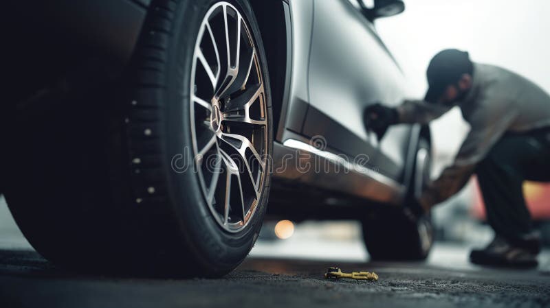 Mechanic Checking Tire Tread Depth and Wear Using a Tire Gauge ... Mechanic Checking Tire Tread Depth and Wear Using a Tire Gauge ...