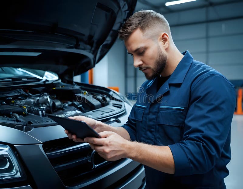 A Mechanic Checks Diagnostic Data on a Tablet while Inspecting a Car ...