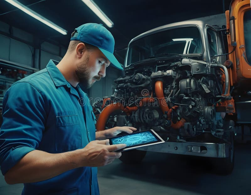 A Mechanic Checks Diagnostic Data on a Tablet while Inspecting a Car ...