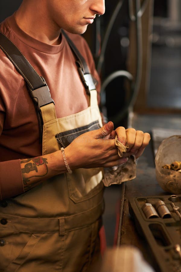 Mechanic Cleaning His Work Tools Stock Photo - Image of garage ...