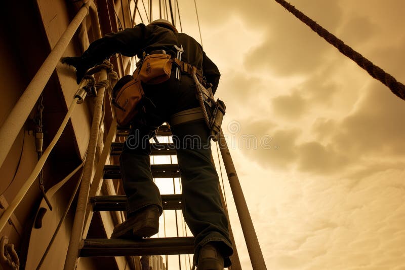 Mechanic Climbing a Ships Ladder with Tool Belt Stock Photo - Image of ...