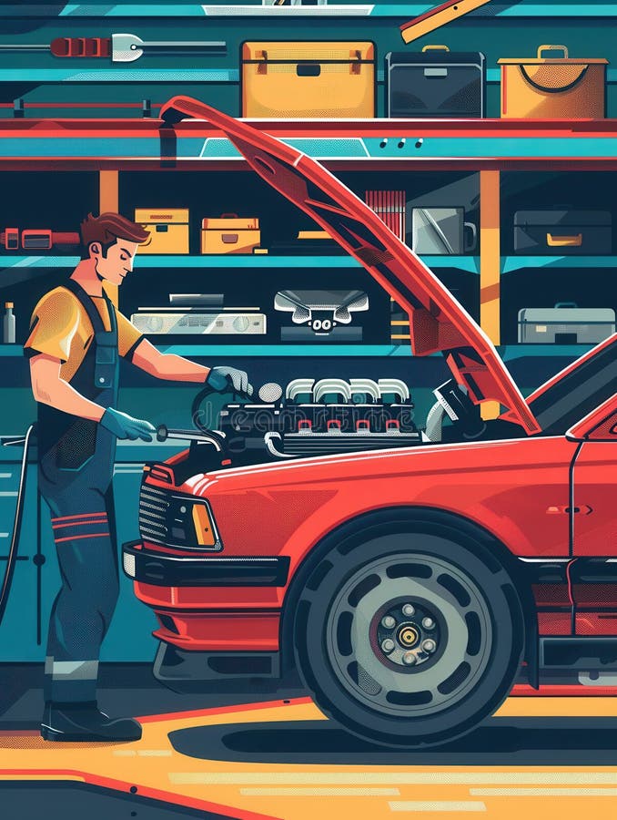 A Mechanic is Conducting a Computer Diagnosis on a Red Car while ...