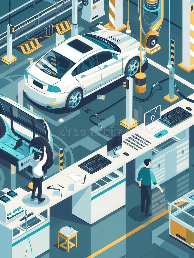 A Mechanic is Conducting a Computer Diagnosis and Working on an Engine ...