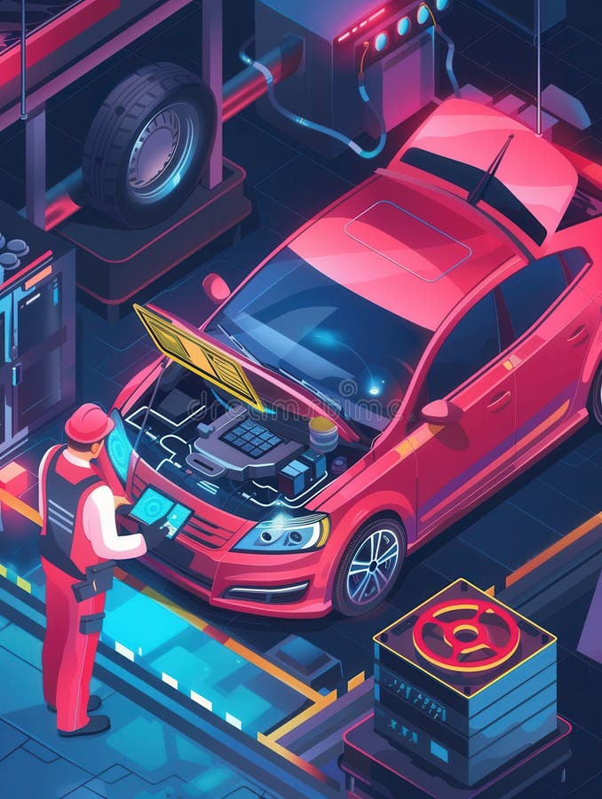 A Mechanic is Conducting Computer Diagnostics and Working on an Engine ...