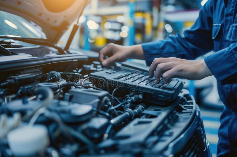 A Mechanic Conducts a Computer Diagnosis on a Car& X27;s Engine ...