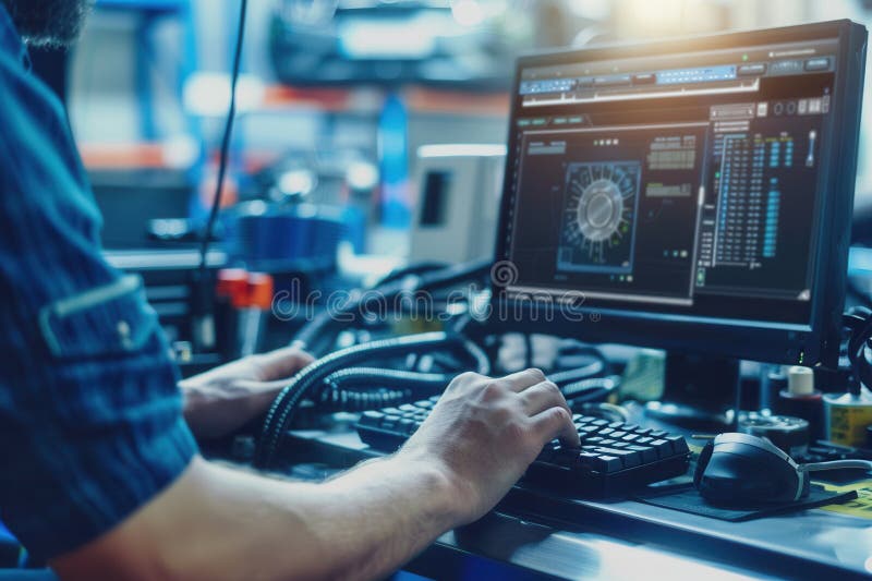A Mechanic Conducts a Computer Diagnosis on a Car while Working on ...