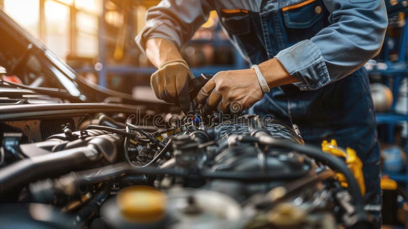 A Mechanic Conducts a Computer Diagnosis while Working on an Engine ...