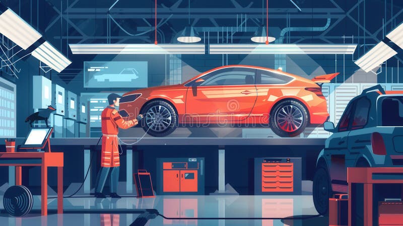 A Mechanic Conducts Computer Diagnostics on a Vehicle while Performing ...