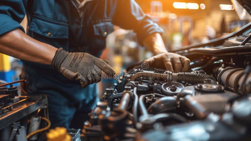 A Mechanic Conducts Computer Diagnostics and Works on Engine Repairs ...