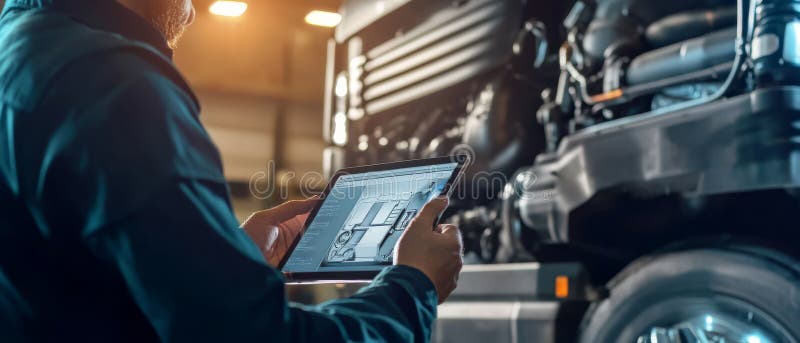 A Mechanic is Diagnosing a Diesel Engine Using a Tablet while Working ...