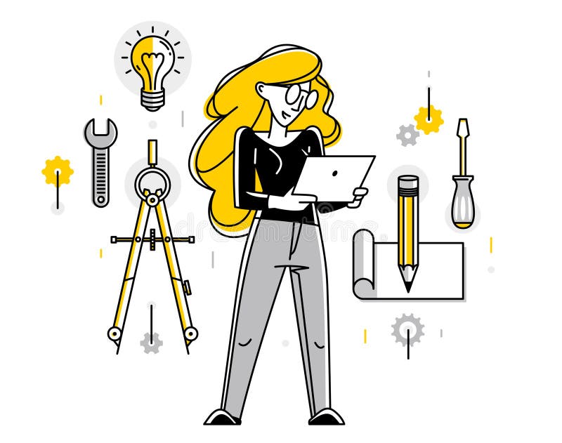 Mechanic Engineer Working on a Draft Plan Vector Illustration, Inventor ...