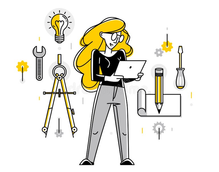 Mechanic Engineer Working on a Draft Plan Vector Illustration, Inventor ...