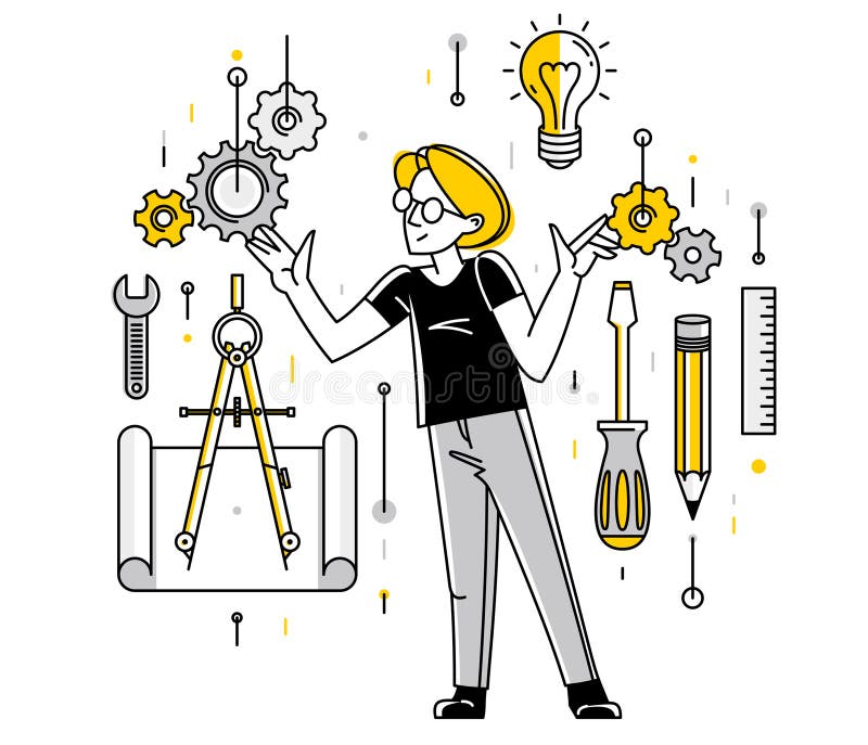 Mechanic Engineer Working on a Draft Plan Vector Illustration, Inventor ...