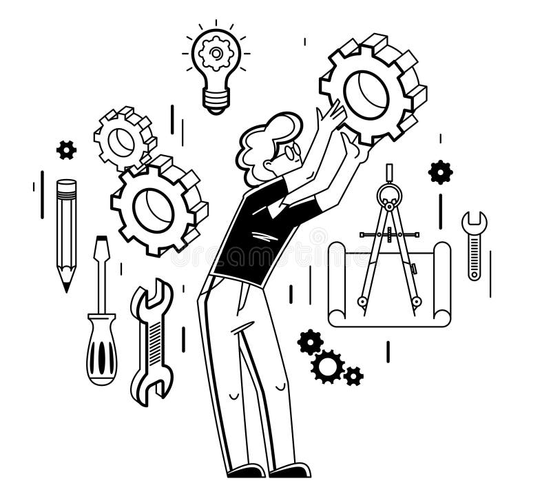 Mechanic Engineer Working on a Draft Plan Vector Illustration, Inventor ...