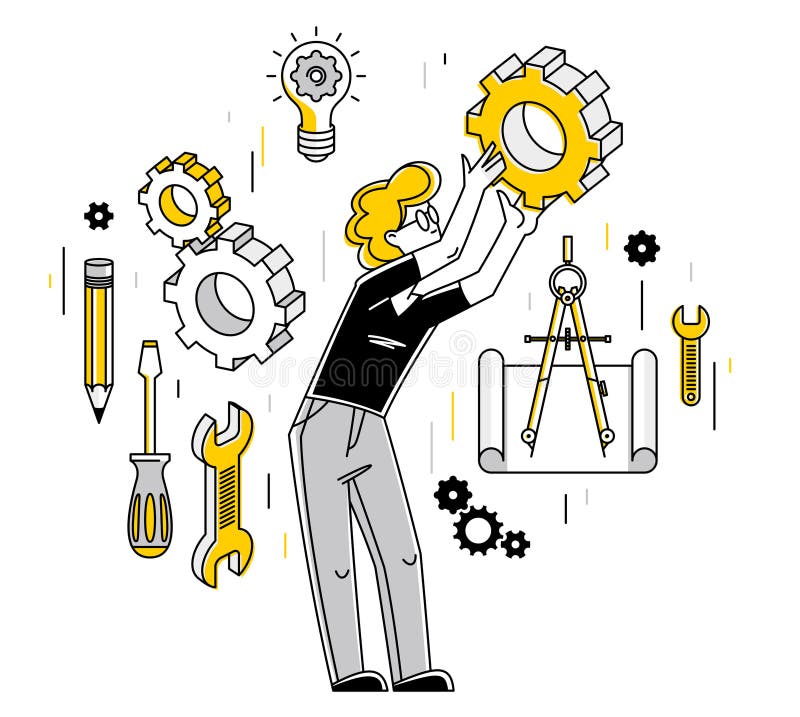 Mechanic Engineer Working on a Draft Plan Vector Illustration, Inventor ...