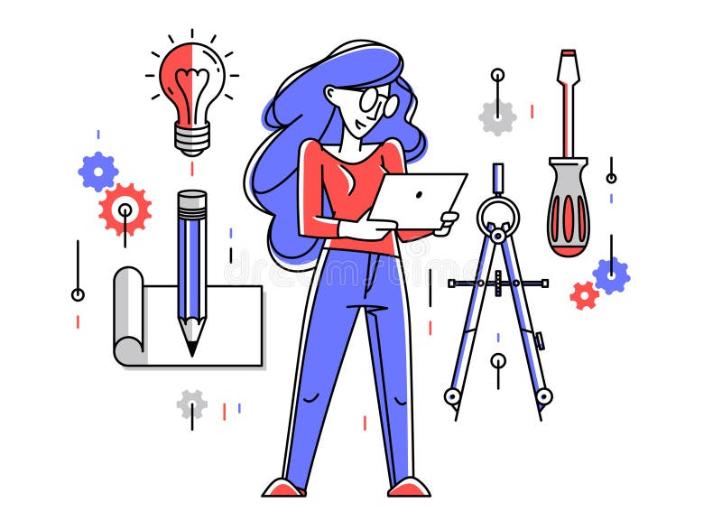 Mechanic Engineer Working on a Draft Plan Vector Illustration, Inventor ...