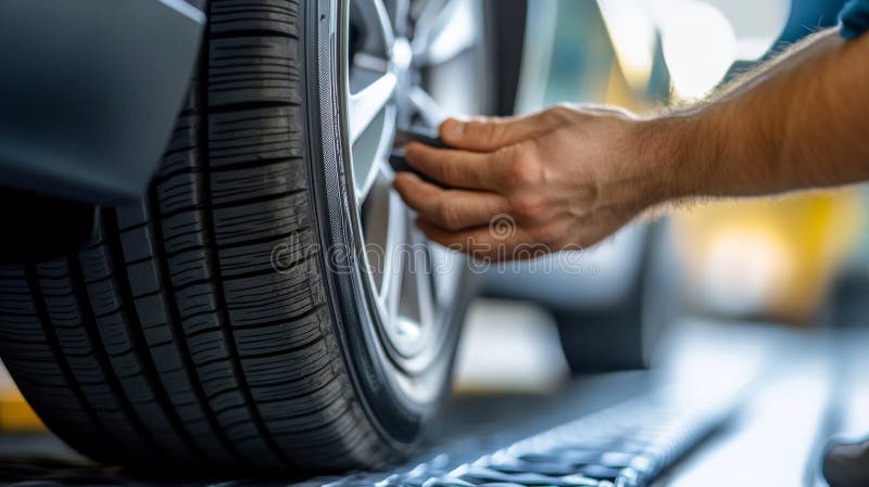 Mechanic Examining Vehicle Tire in Workshop, Emphasizing Precision and ...