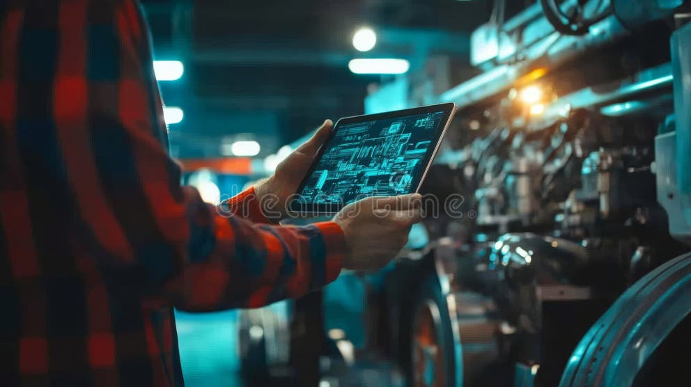 A Mechanic is Expertly Diagnosing a Diesel Engine Using a Tablet Inside ...