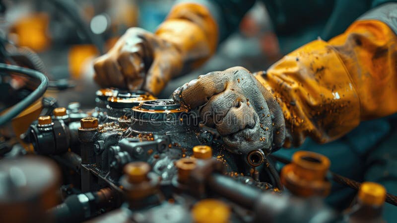 Close-up of a Mechanic Assembling Engine Components in a Workshop with ...
