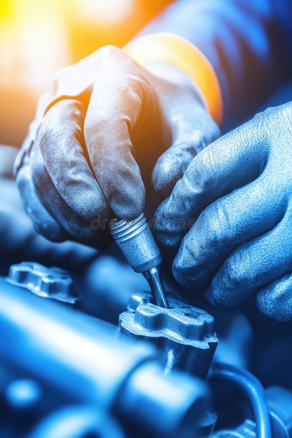 Mechanic with Gloves Working on Engine in Blue Light Stock Image ...