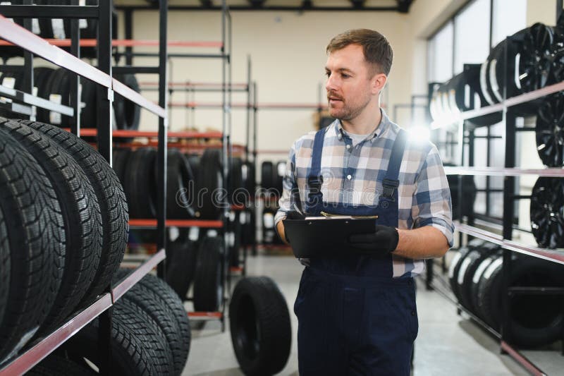 Mechanic in Gray Uniform Standing at Stock Tyre Stock Image - Image of ...