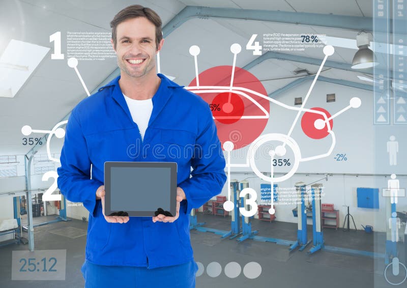 Mechanic Holding a Digital Tablet Against Digital Interface in Workshop ...
