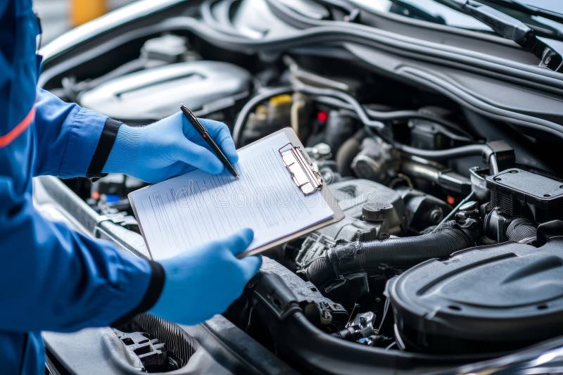 Mechanic Inspecting Car Engine with Equipment and Clipboard while ...