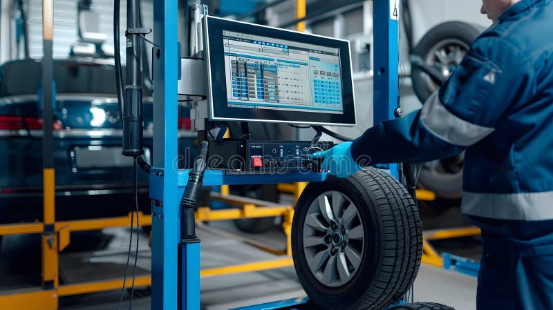A Mechanic Inspects a Tire Using a Digital Screen. Stock Illustration ...