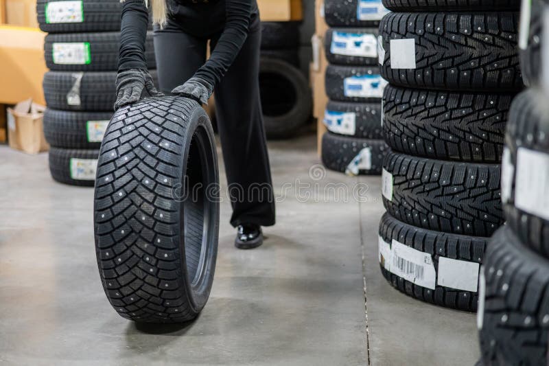 Mechanic Keeps New Studded Car Tires in Garage. Stock Image - Image of ...