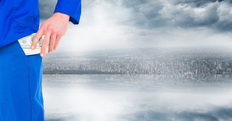 Mechanic Lower Body with Money Against Blurry Skyline Stock Image ...