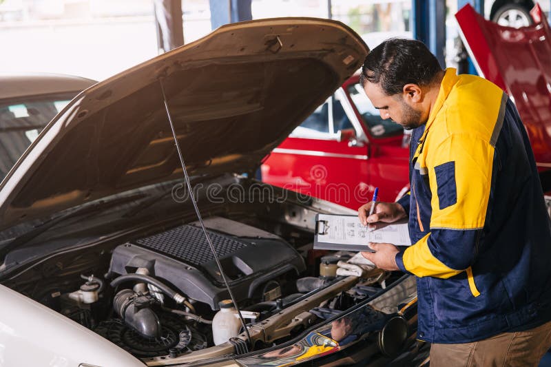 Mechanic Man Checking Engine Open Hood Looking Check List Car ...