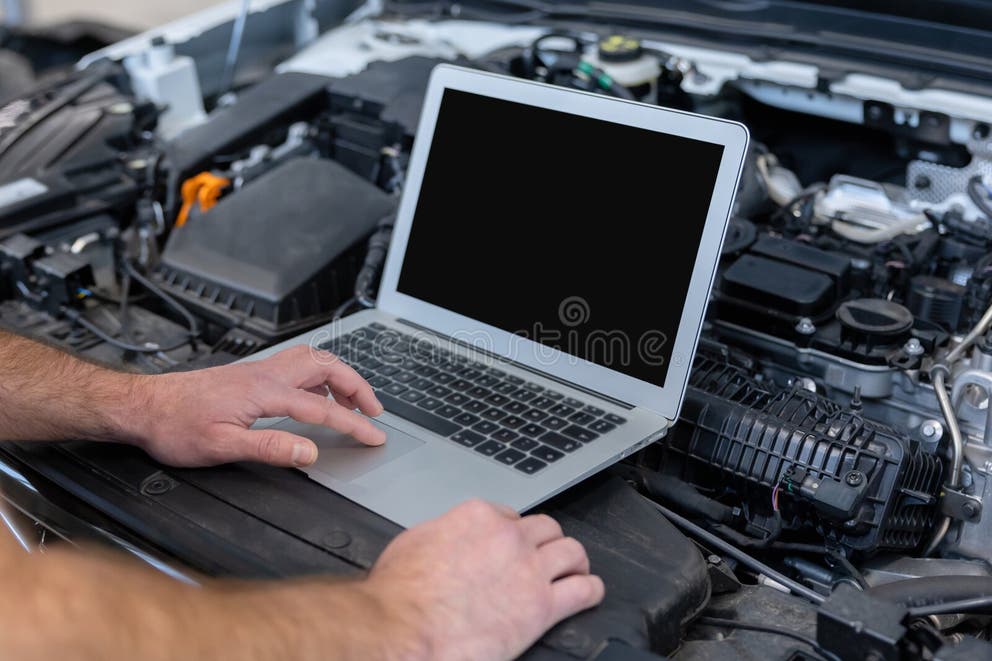 Mechanic Man Mechanic Using Laptop Computer Checking Car Stock Photo ...