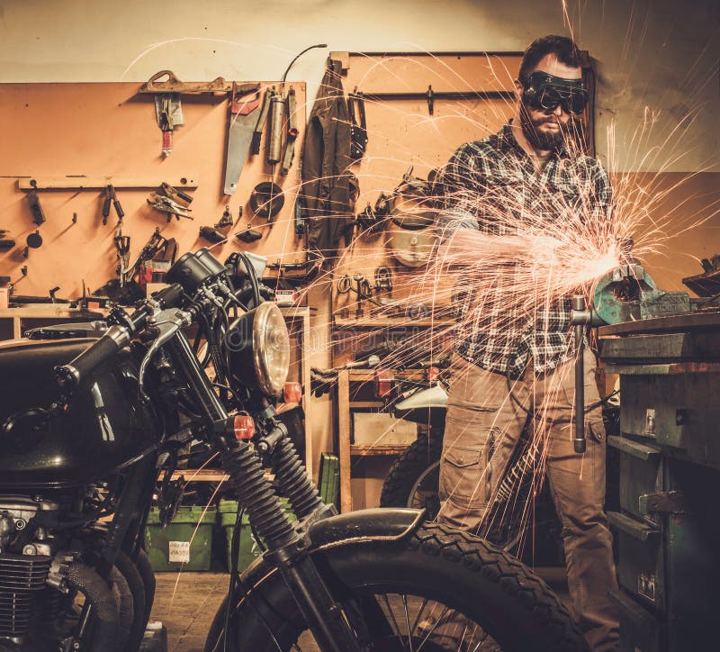 Mechanic at Motorcycle Customs Garage Stock Image - Image of rider ...