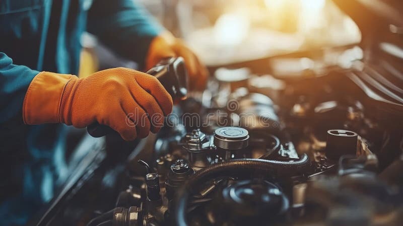 A Mechanic with Orange Gloves is Shown in Close Proximity Working on an ...