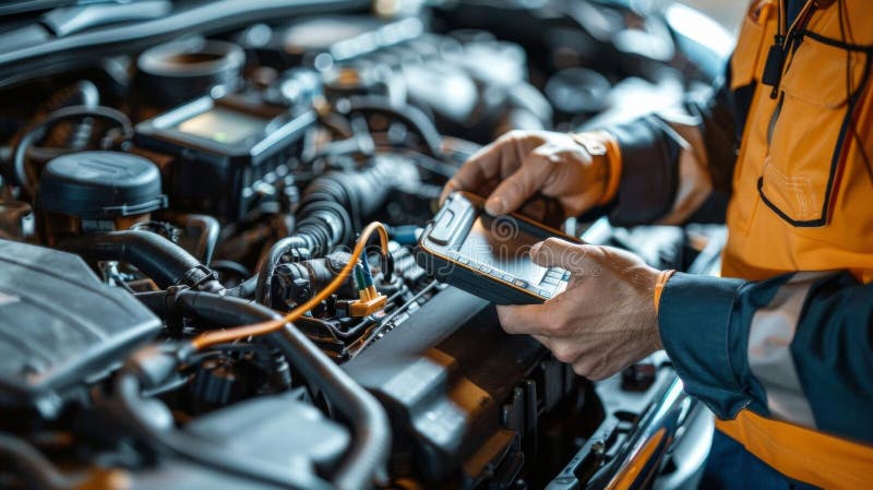 Mechanic Performing Engine Check with Advanced Device Stock ...