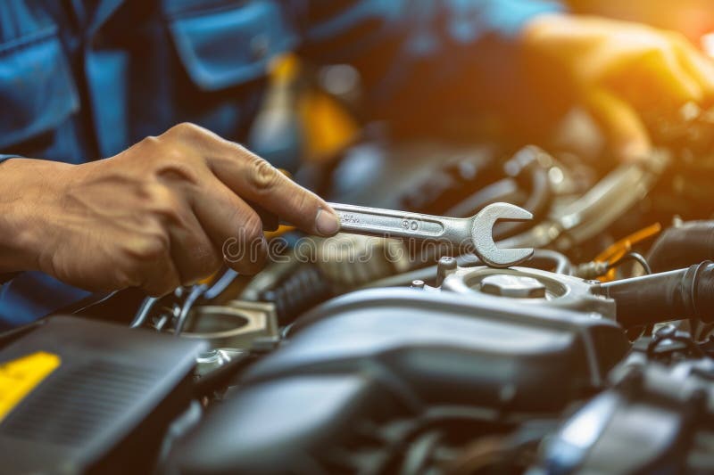 Mechanic Performing Engine Repairs with Wrench in Auto Service Garage ...