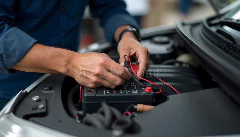 A Mechanic Performs a Car Battery Inspection Using a Multimeter Inside ...