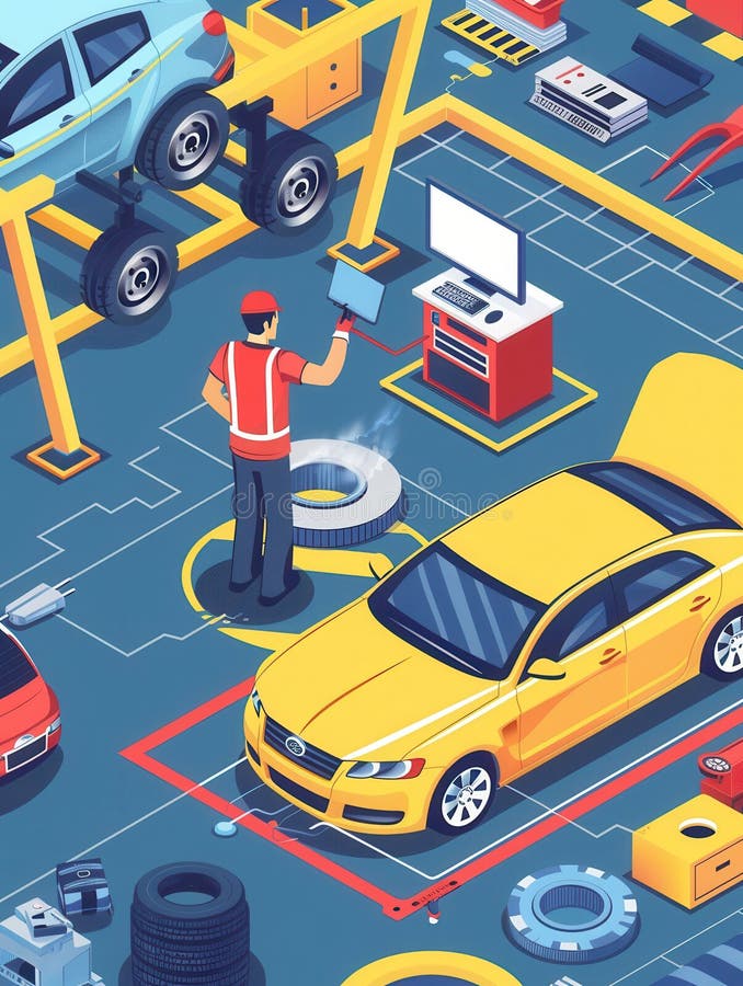 A Mechanic Performs a Computer Diagnosis on a Car while Working on ...