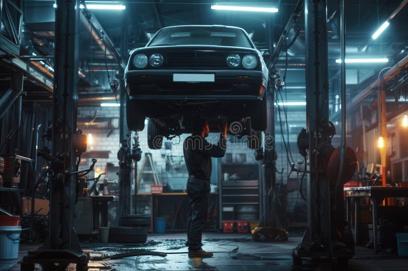 A Mechanic Performs Detailed Work Under a Car Elevated on a Hoist in a ...