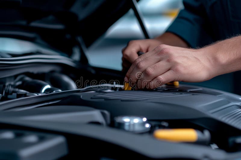 A Mechanic Performs an Engine Check Under the Open Hood of a Car ...
