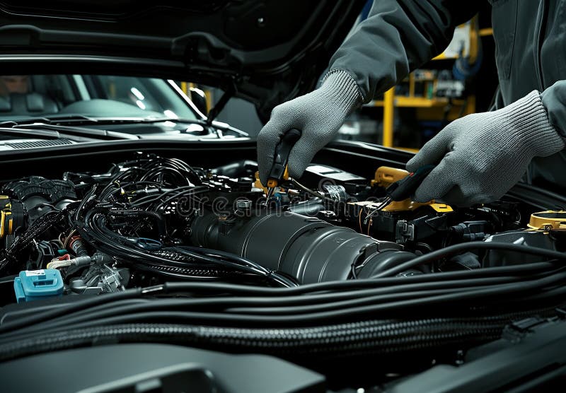 Mechanic Performs Maintenance on a Car Engine in a Professional Garage ...