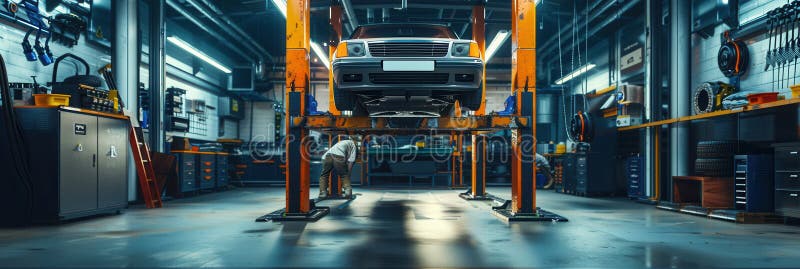 A Mechanic Performs Maintenance Under a Car that is Elevated on a Hoist ...